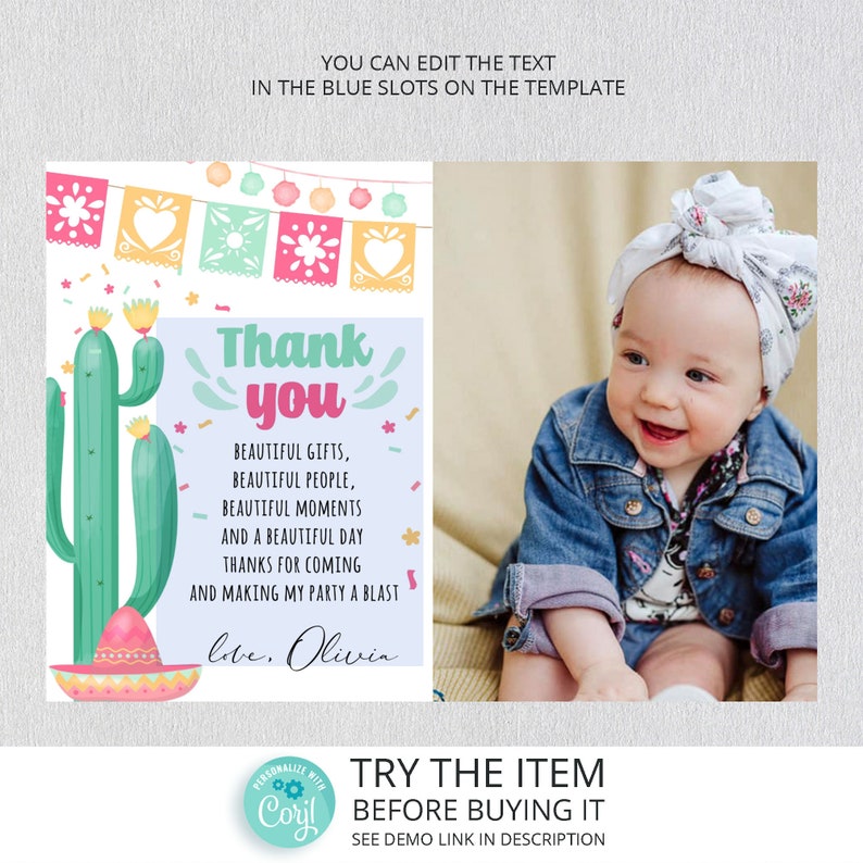 Editable Fiesta Thank You Card Template With Photo 1st Fiesta | Etsy