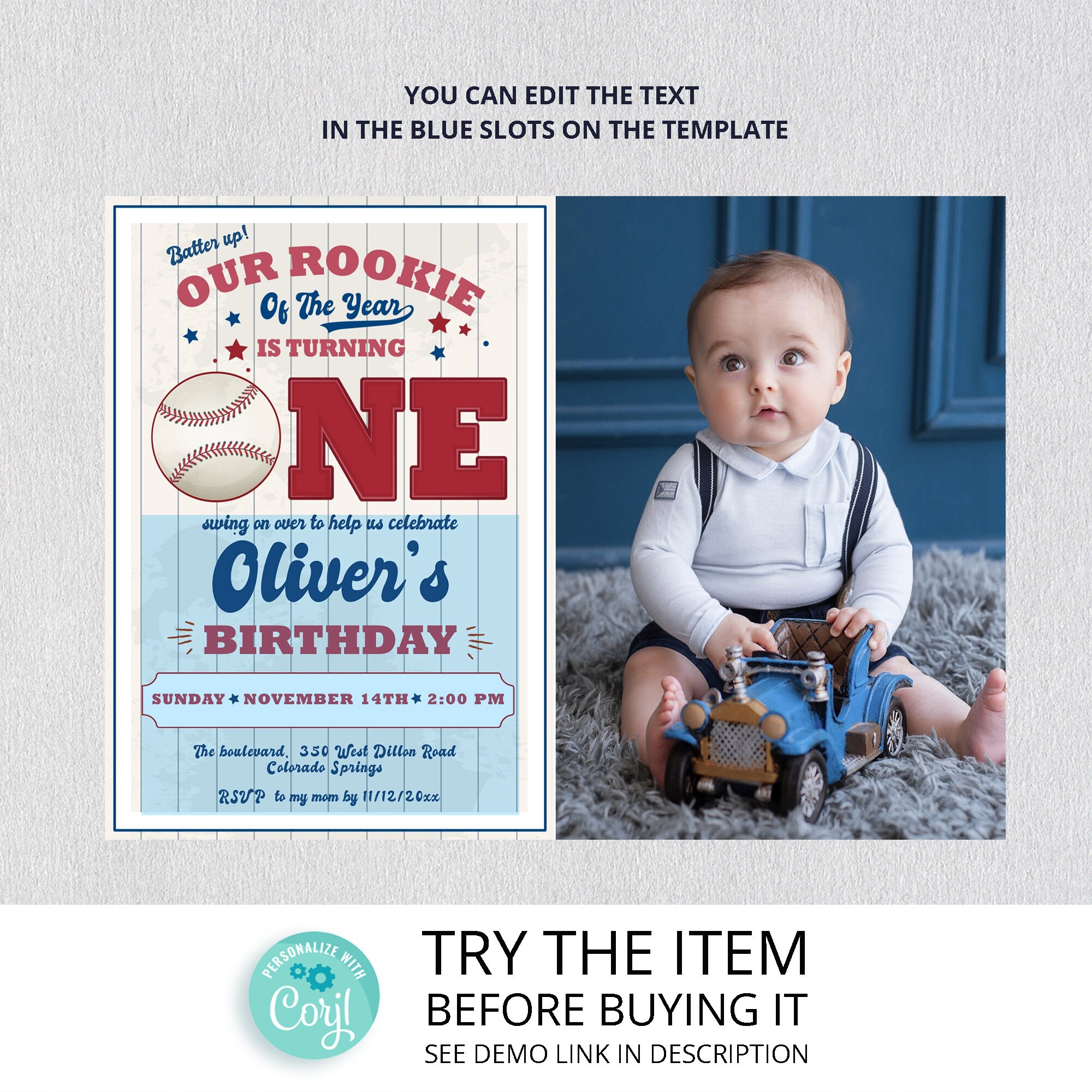 Rookie of The Year First Birthday Invitation Baseball | Etsy