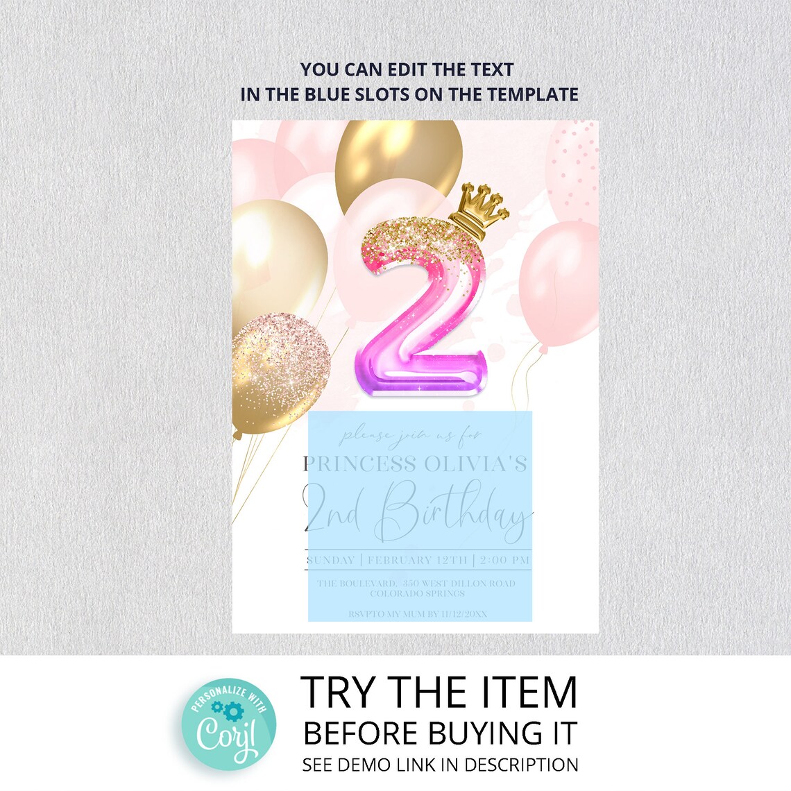 Editable Princess Second Birthday Girl Invitation Template | Little ...