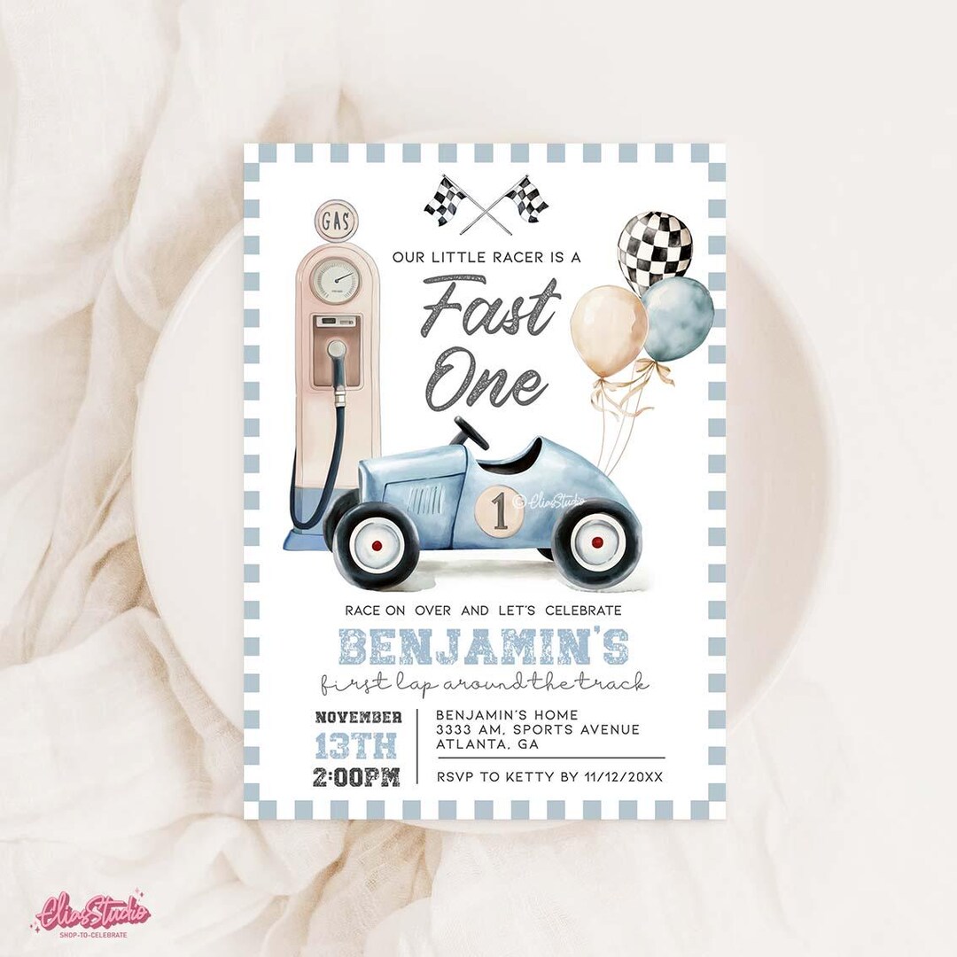 Fast One Birthday Boy, Racecar Birthday Invitation, Blue Car Birthday ...