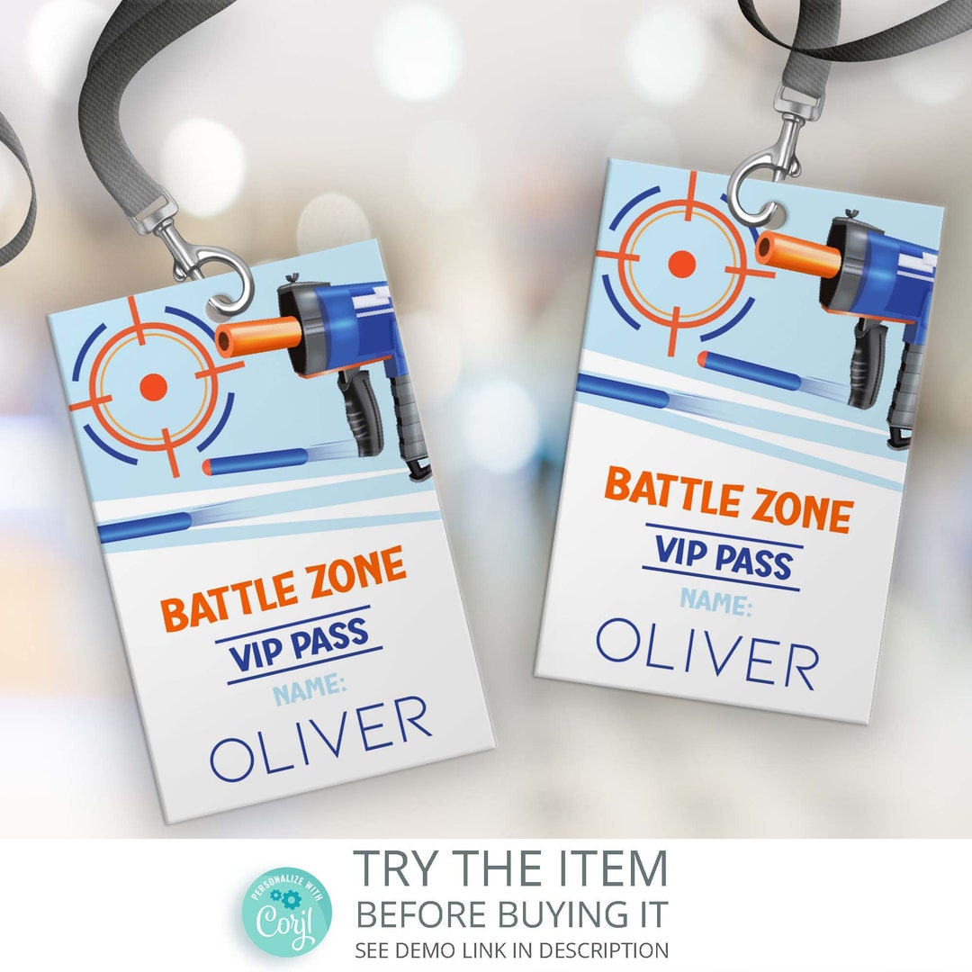 Dart Gun Party VIP Pass Dart Wars Dart VIP Pass by Battle Zone ID Badge ...