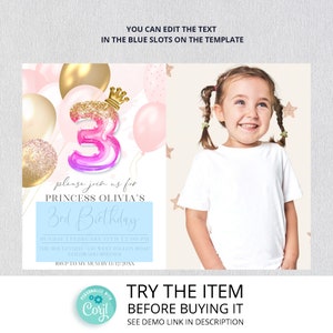 Editable Princess 3rd Birthday Girl Invitation Template | Little ...