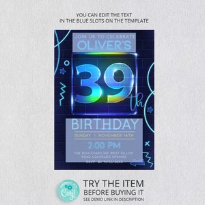 39th Birthday Invitation for Men Neon Birthday Invitation Template 39th ...