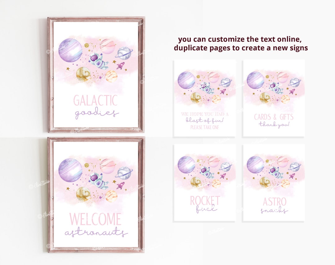 Editable Pink Outer Space Favors Sign Set of 6 Galaxy Birthday Girl ...