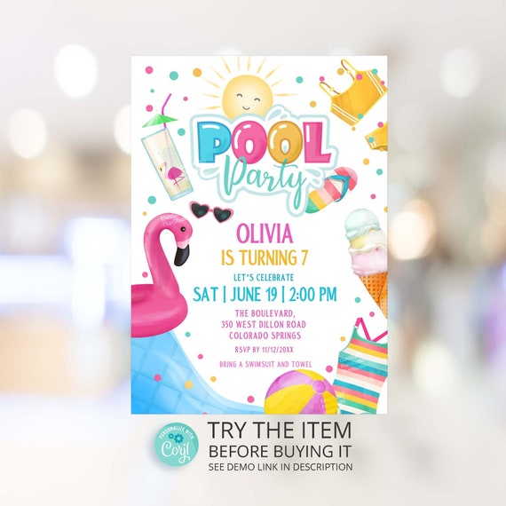Kids Pool Party Invitation Instant Download Girl Pool Party | Etsy