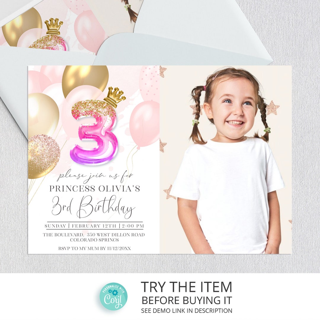 Editable Princess 3rd Birthday Girl Invitation Template | Little ...