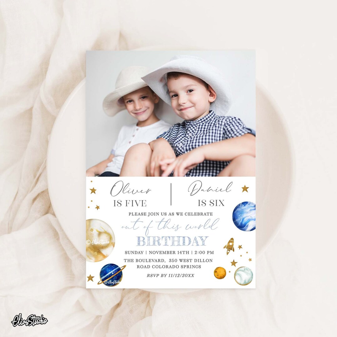 Double Birthday Invitation, Space Birthday Party, Twins Birthday Invite ...