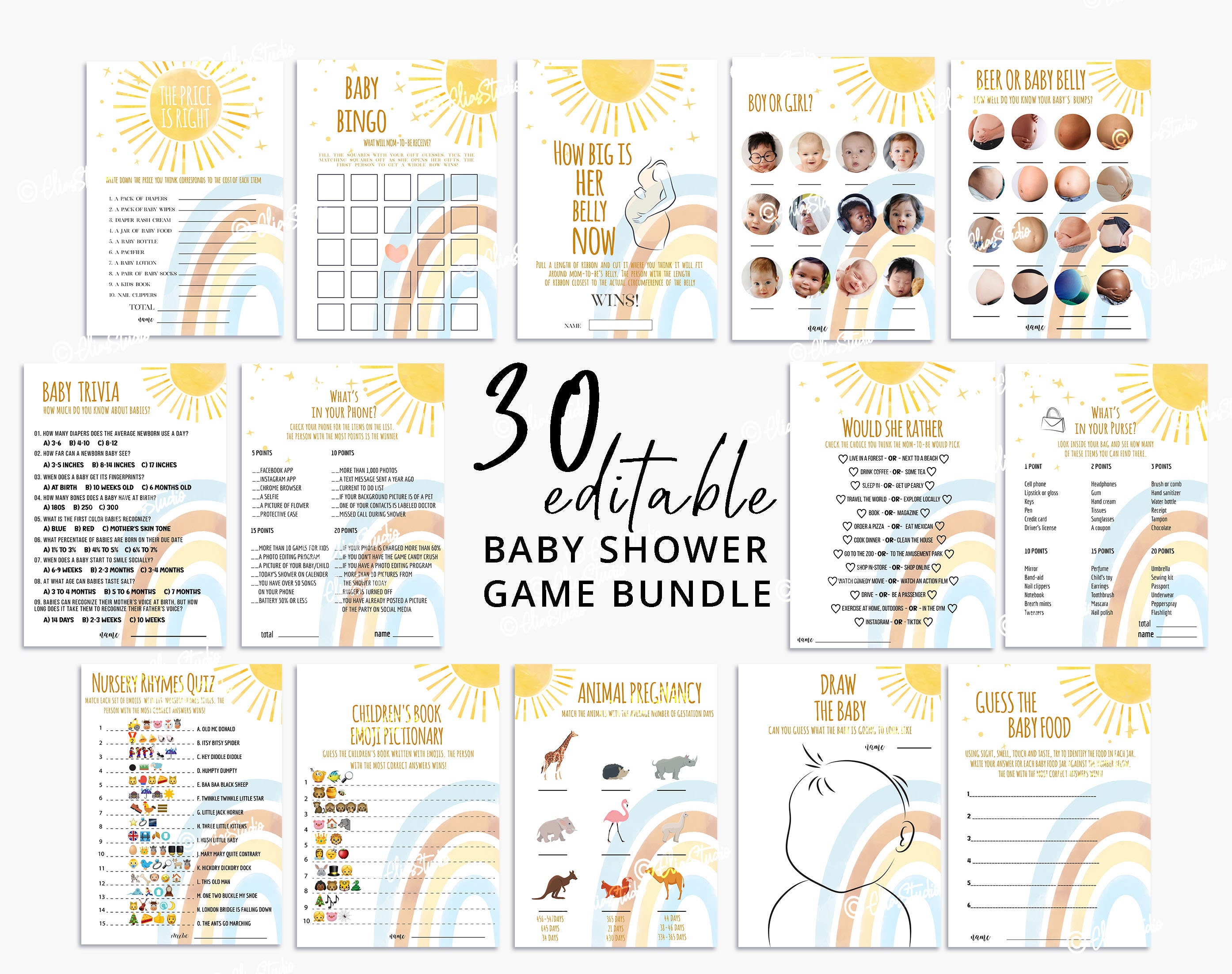 30 Sun and Rainbow Baby Shower Games Bundle Modern Baby Shower Neutral ...