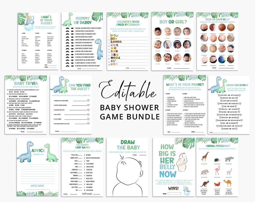 Editable Dinosaur Baby Shower Game Bundle Printable •greenery Boho ...