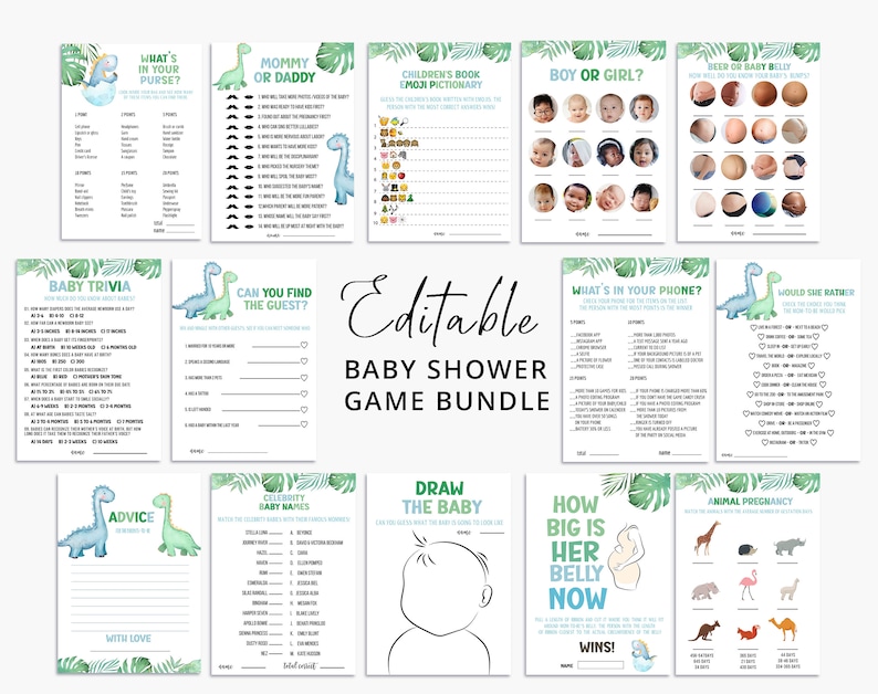 Editable Dinosaur Baby Shower Game Bundle Printable •greenery Boho ...
