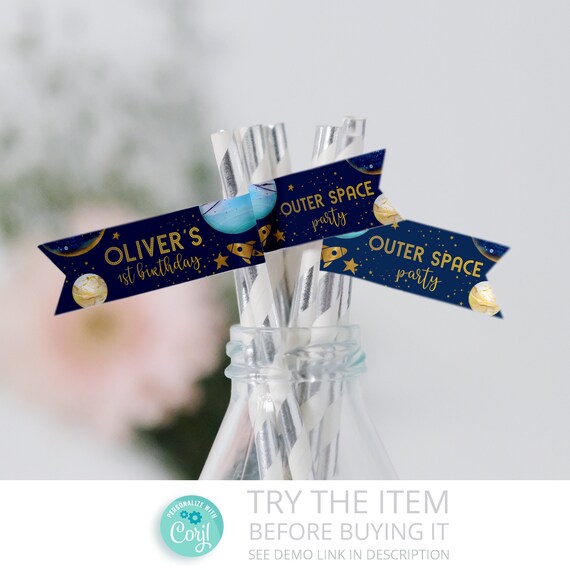 Editable Straw Flags Template Outer Space Birthday First Trip | Etsy
