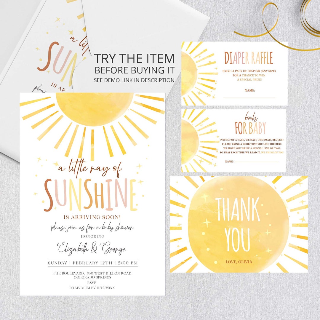 Sunshine Baby Shower Invitation Set a Little Ray of Sunshine Baby ...