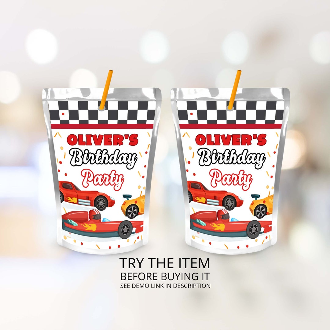 Editable Racecar Birthday Juice Box Label Two Fast Two Curious Birthday ...