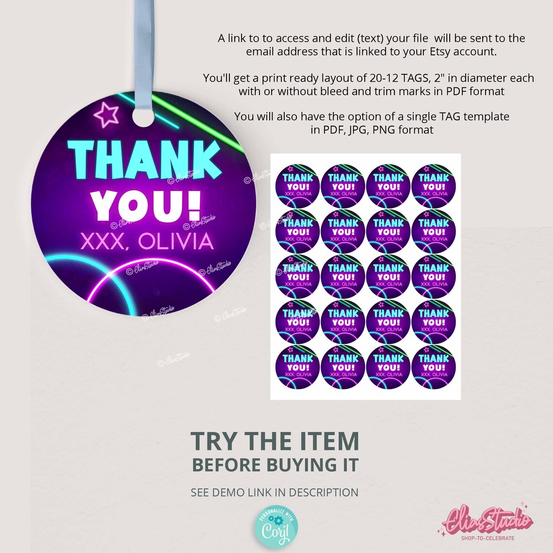 Neon Birthday Glow Thank You Tag Template, Let's Glow Crazy Girls Neon ...
