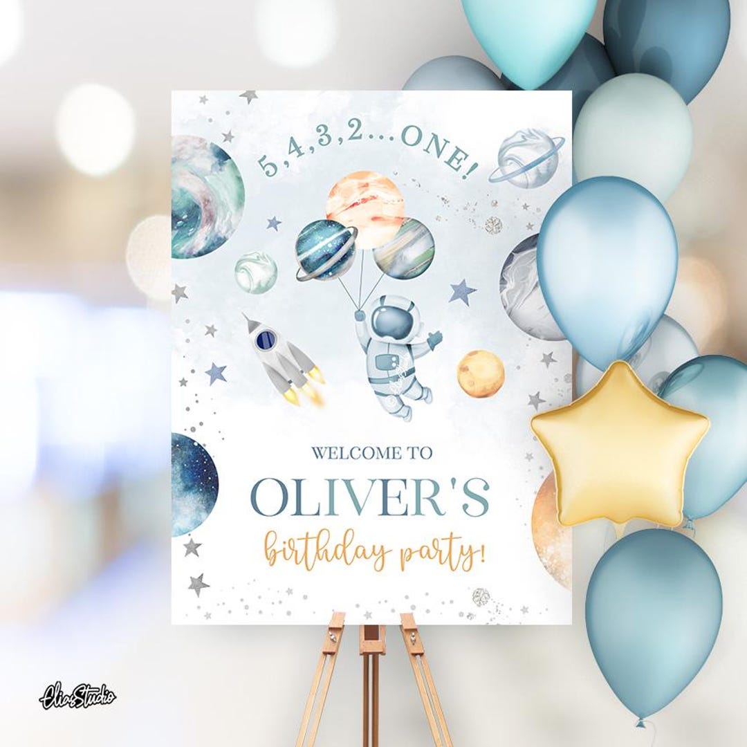Dusty Blue Space Birthday Welcome Sign, Baby's 1st Birthday Space ...