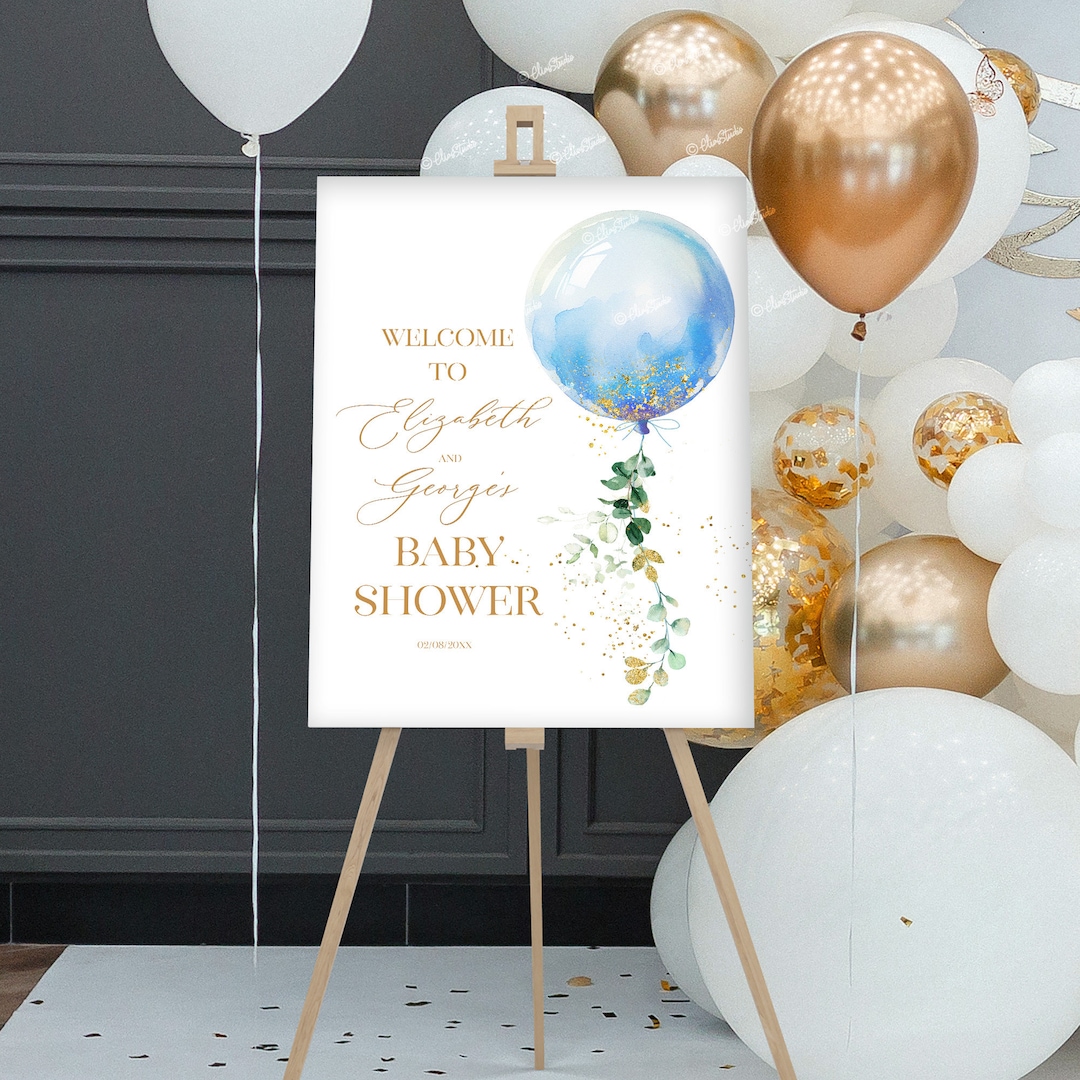 Blue Balloon Baby Shower Boy Welcome Sign, Oh Boy Eucalyptus Welcome ...