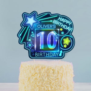 Neon Birthday Decorations Cake Topper Template Boy 10th Birthday Neon ...