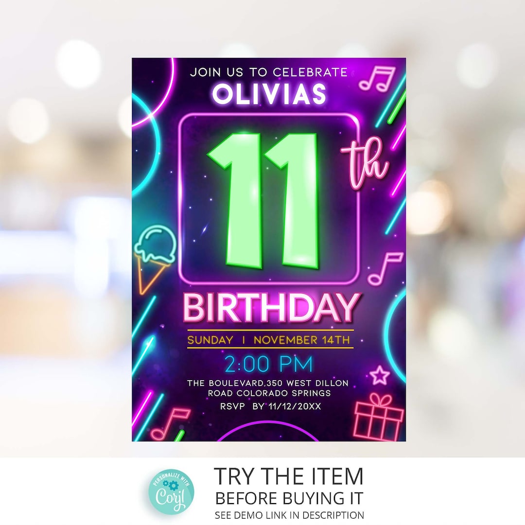 Glow Party Invitation Neon Birthday Invitation Template Party Girls ...