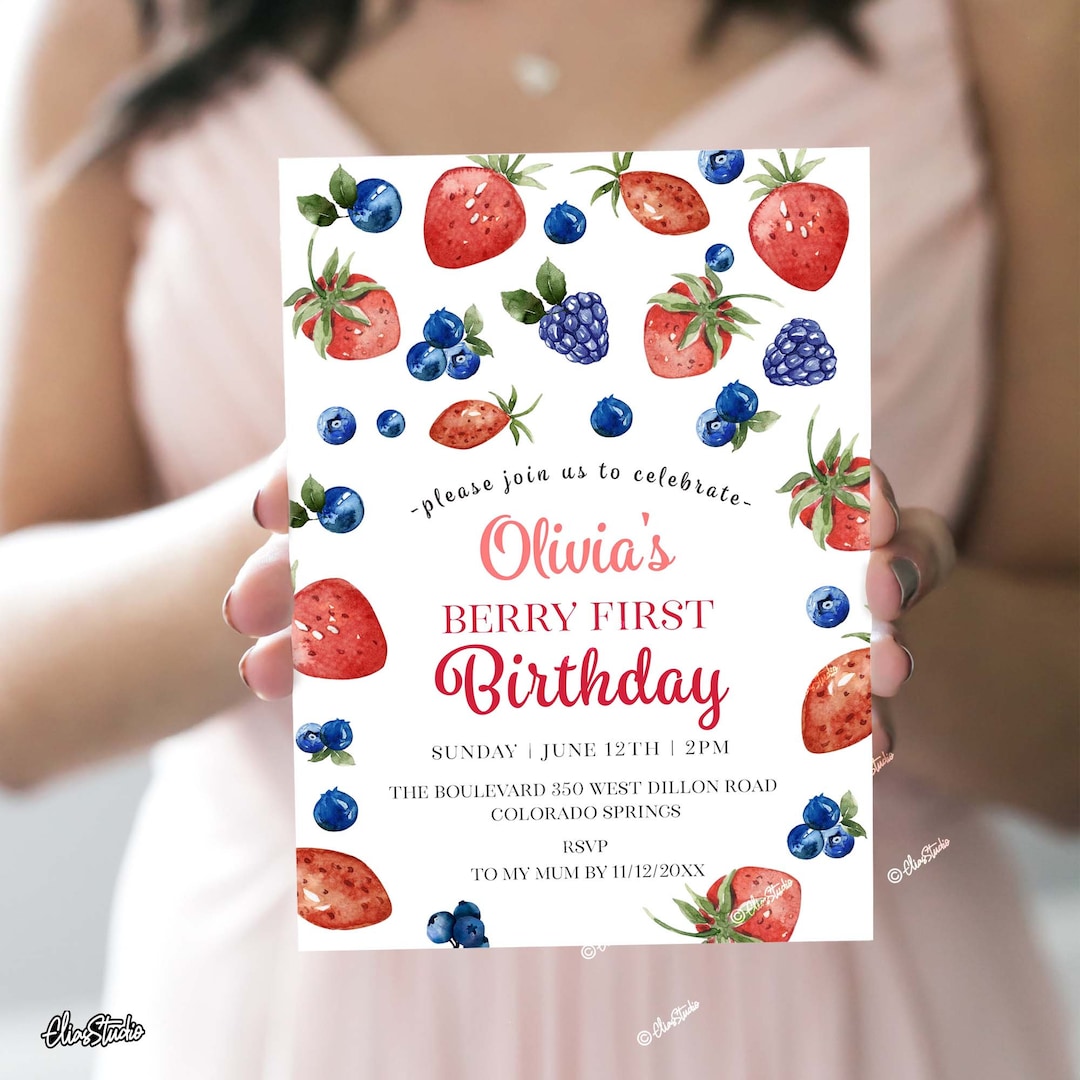 Editable Berry First Birthday Invitation, Strawberry Birthday Invite ...