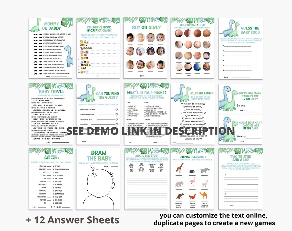Editable Dinosaur Baby Shower Game Bundle Printable •greenery Boho ...