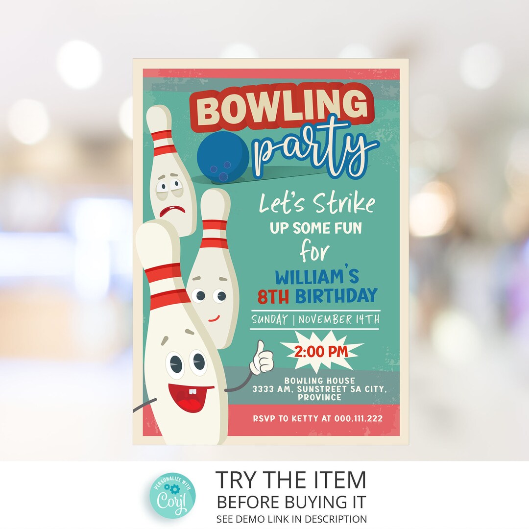 Editable Bowling Invitation Template Boy Birthday Let's Strike up Some ...