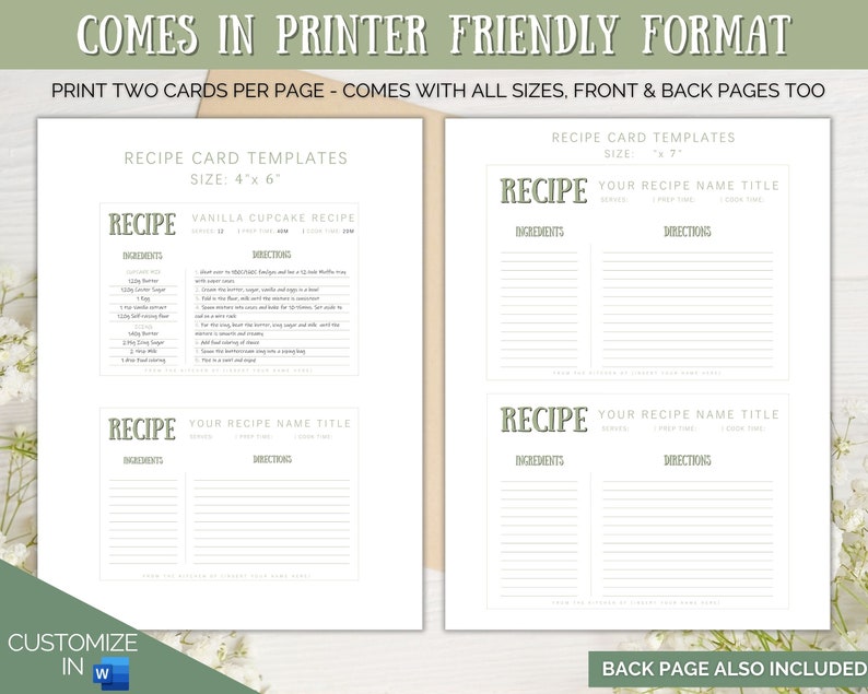 Recipe Card Template, EDITABLE Recipe Template, Recipe Cards Printable ...