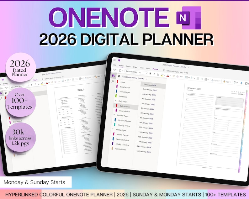 Onenote Planner, 2026 COLORFUL Digital Planner, Onenote Template, Daily ...
