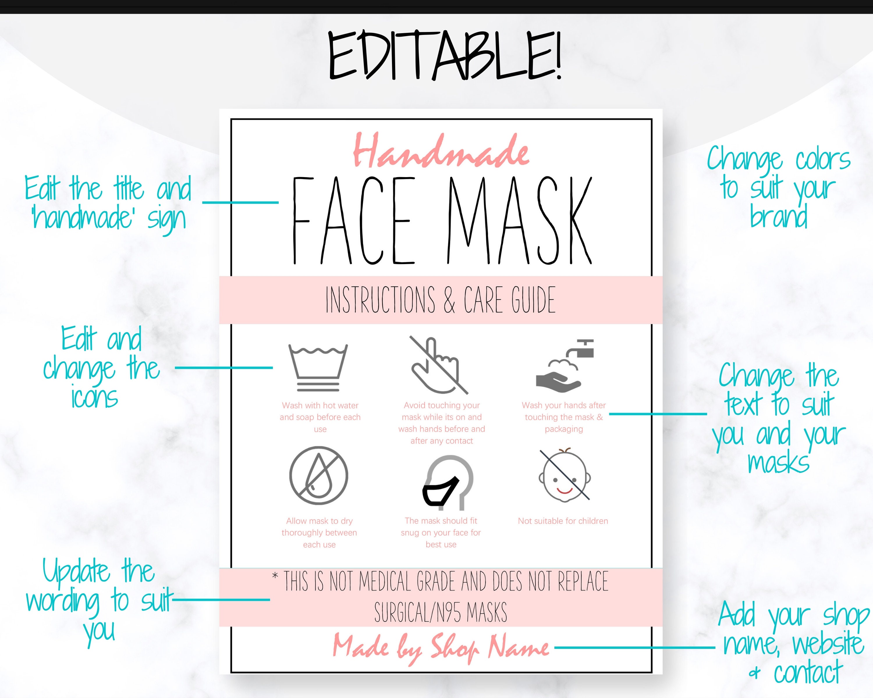 EDITABLE Face Mask LABEL Care Card How to Handle Order Card | Etsy