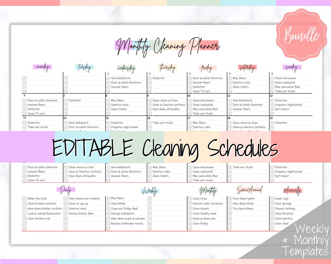 Monthly Cleaning Schedule, EDITABLE Checklist , Cleaning Planner ...