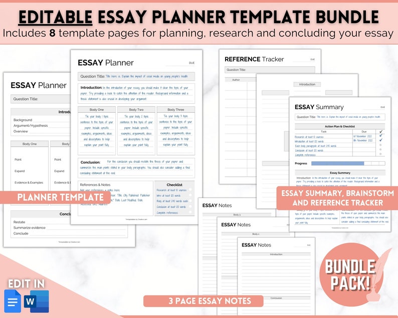 EDITABLE Essay Planner Bundle, Student Essay Writing Template, College ...
