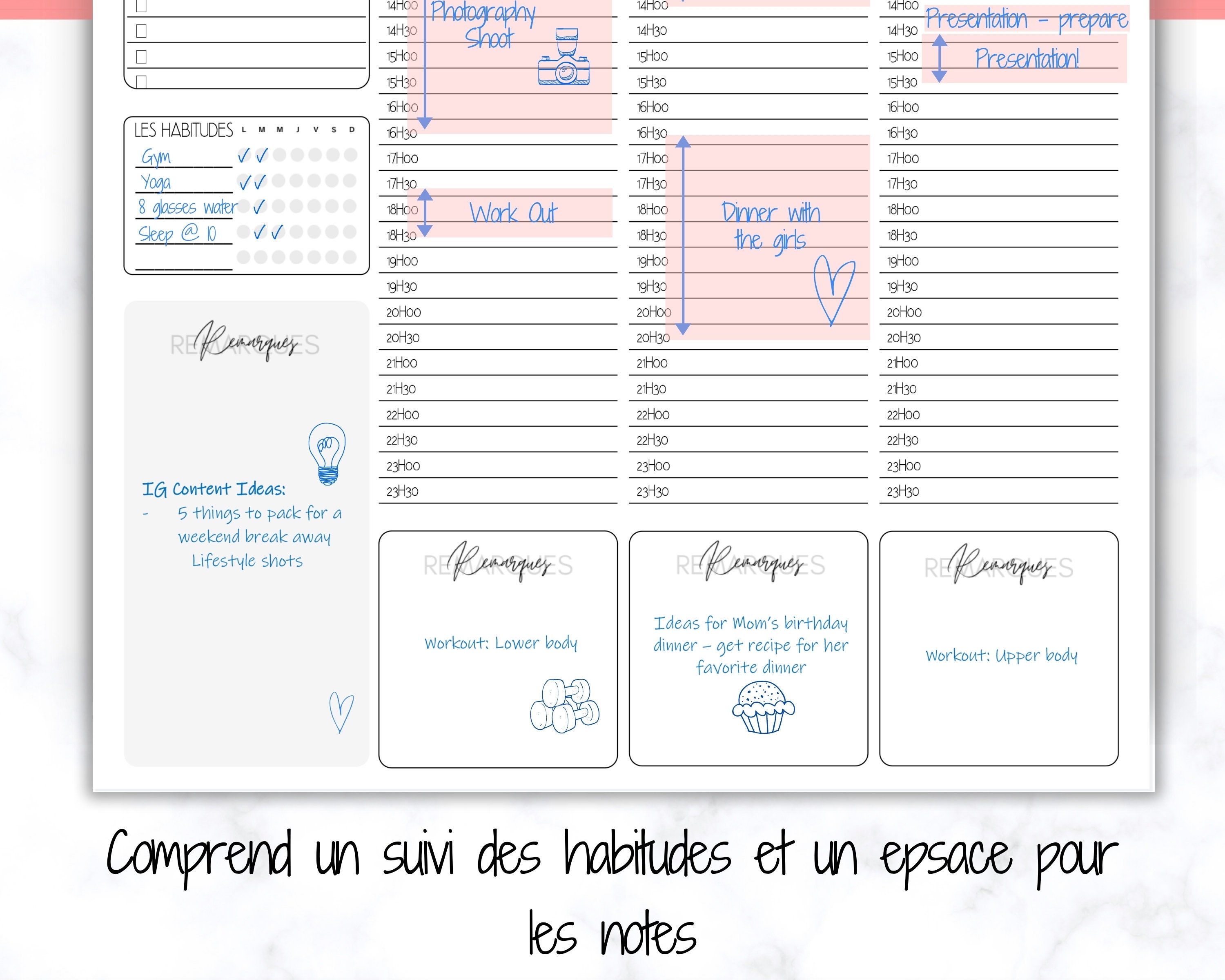 FRENCH Weekly Planner Printable Français Hourly Planner - Etsy