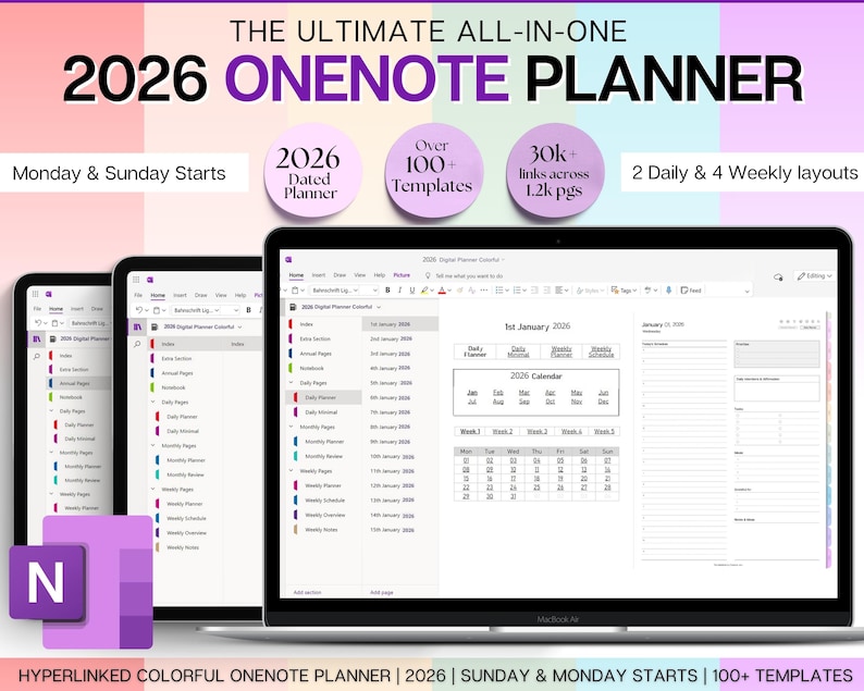 Onenote Planner, 2026 COLORFUL Digital Planner, Onenote Template, Daily ...