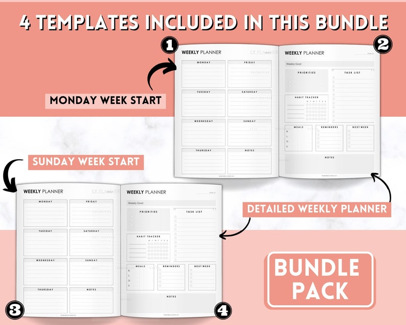 Printable Weekly Planner Template BUNDLE Week at a Glance - Etsy