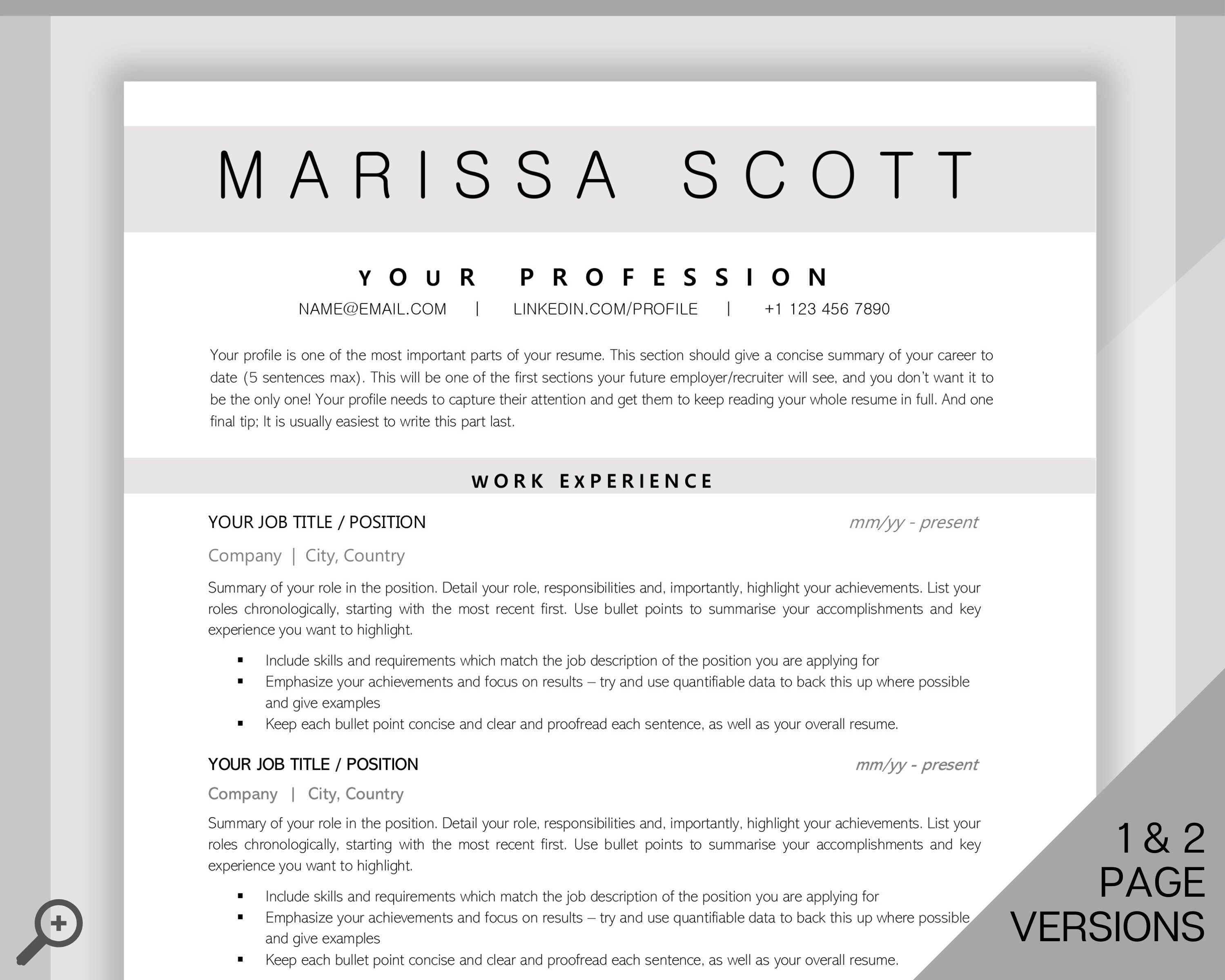 ONE Page Resume Template Word. CV Template Professional Cv | Etsy Canada