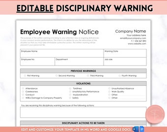 Employee Disciplinary Form, EDITABLE Warning Notice, Small Business ...