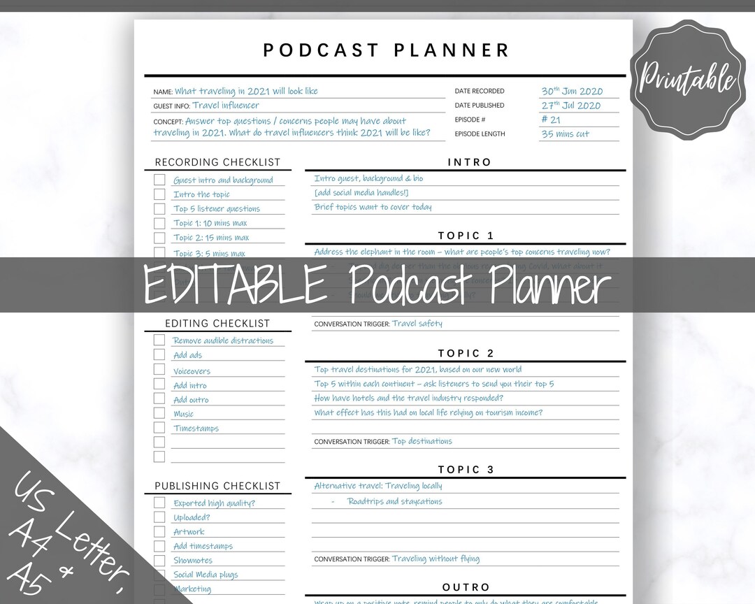 EDITABLE Podcast Planner Template, Podcast Checklist, Content Calendar ...