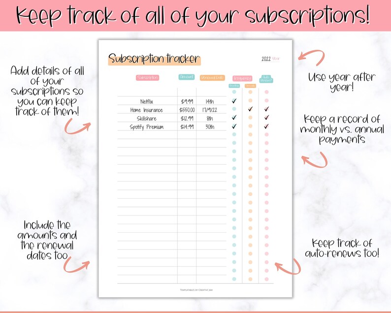 SUBSCRIPTION Tracker Printable Expense Tracker Budget - Etsy