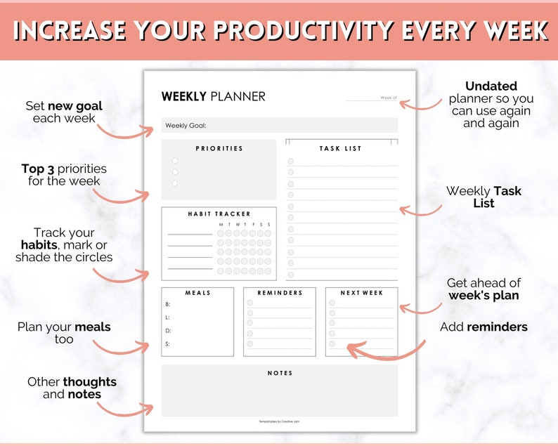Printable Weekly Planner Template BUNDLE Week at a Glance - Etsy
