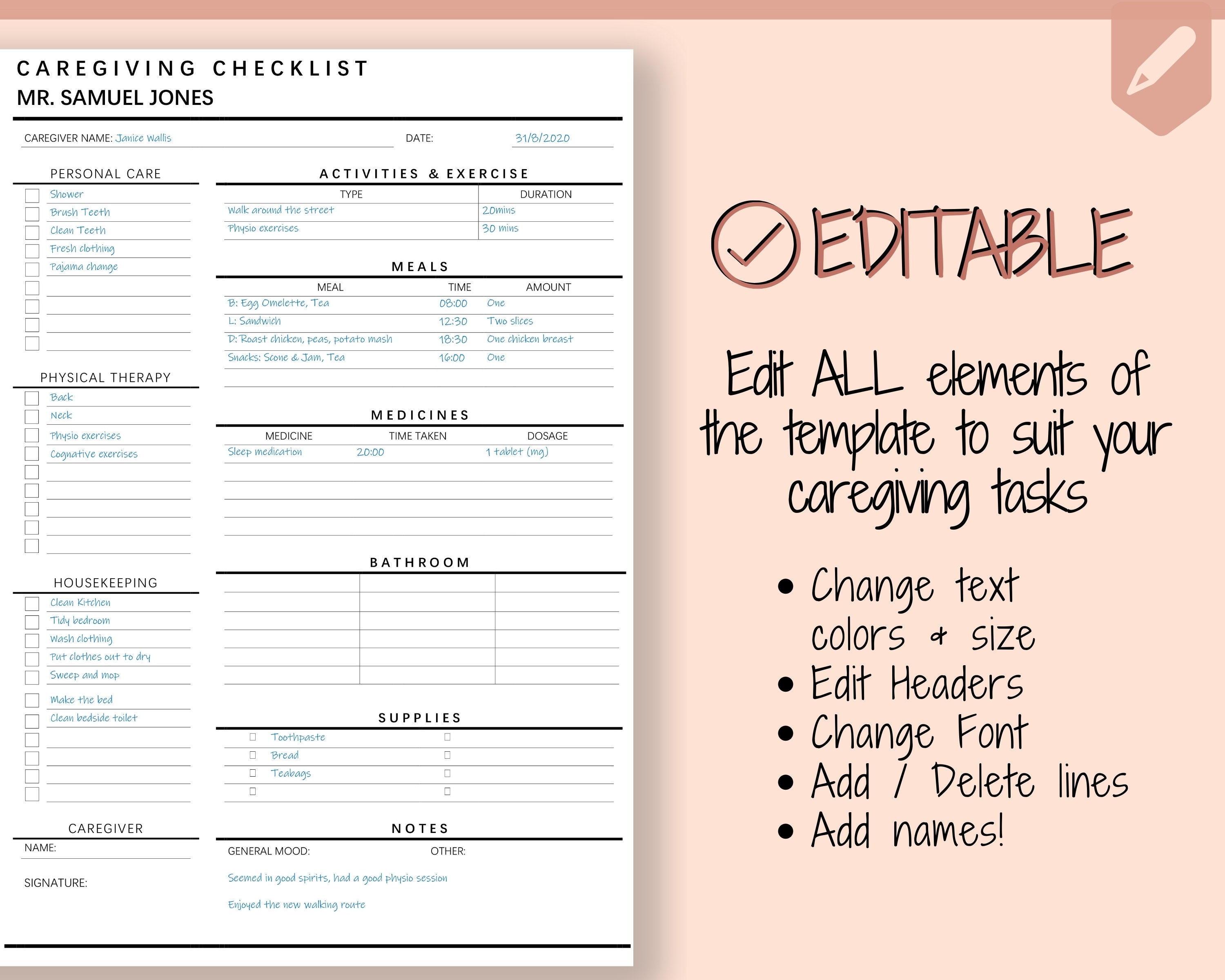 Caregiving Elderly Care Checklist. EDITABLE Printable is Ideal | Etsy ...