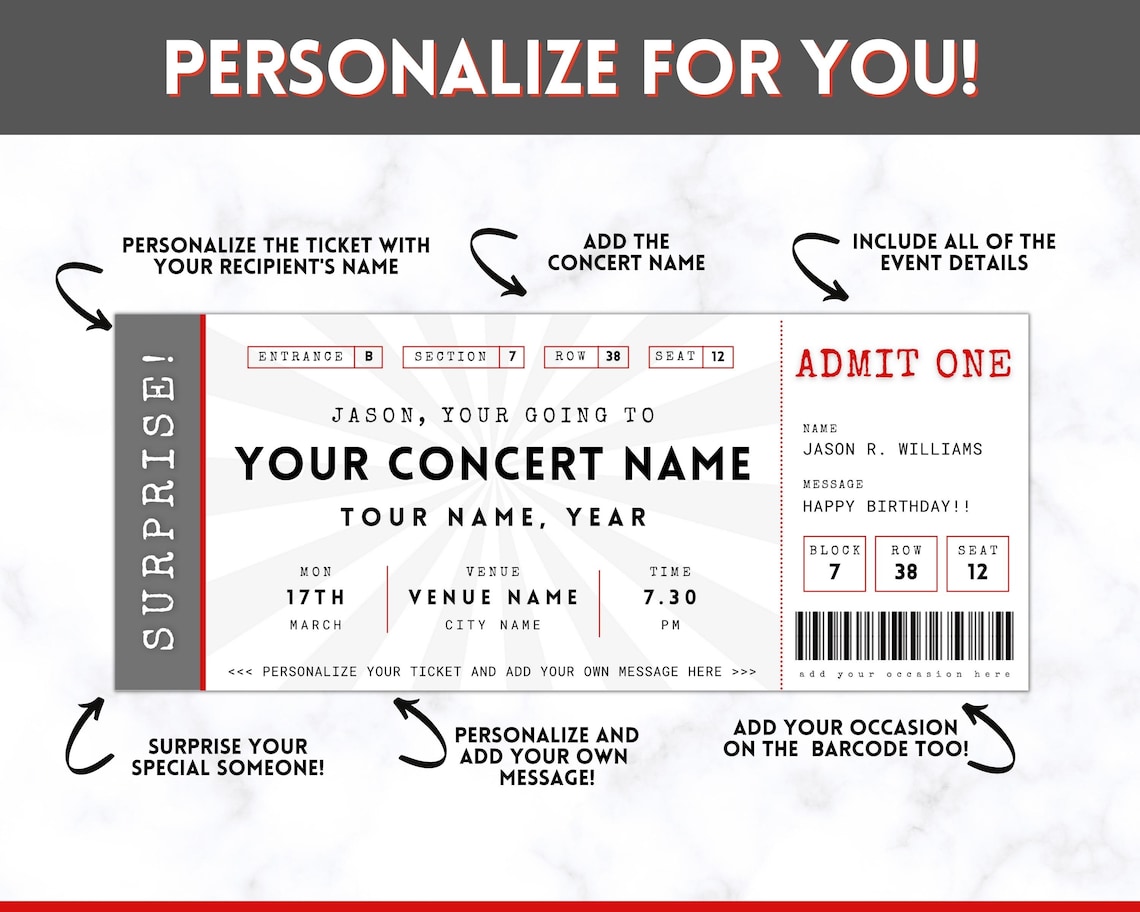 EDITABLE Concert Ticket Template Surprise Getaway Gift - Etsy