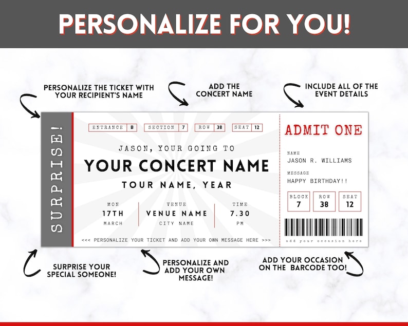 EDITABLE Concert Ticket Template Surprise Getaway Gift - Etsy