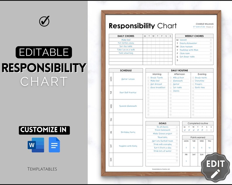 Kids Chore Chart EDITABLE Responsibility Chart Family Chore - Etsy