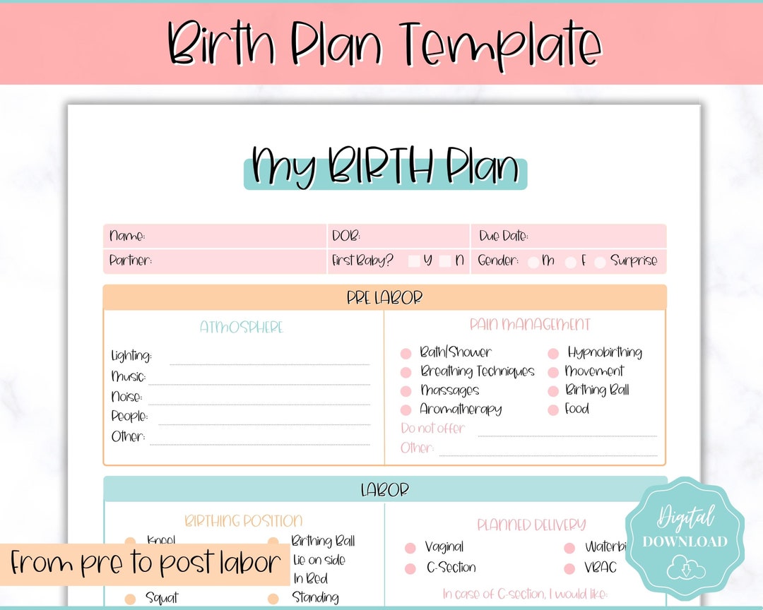 Birth Plan Template, Printable Birth Preferences, Birthing Plan ...