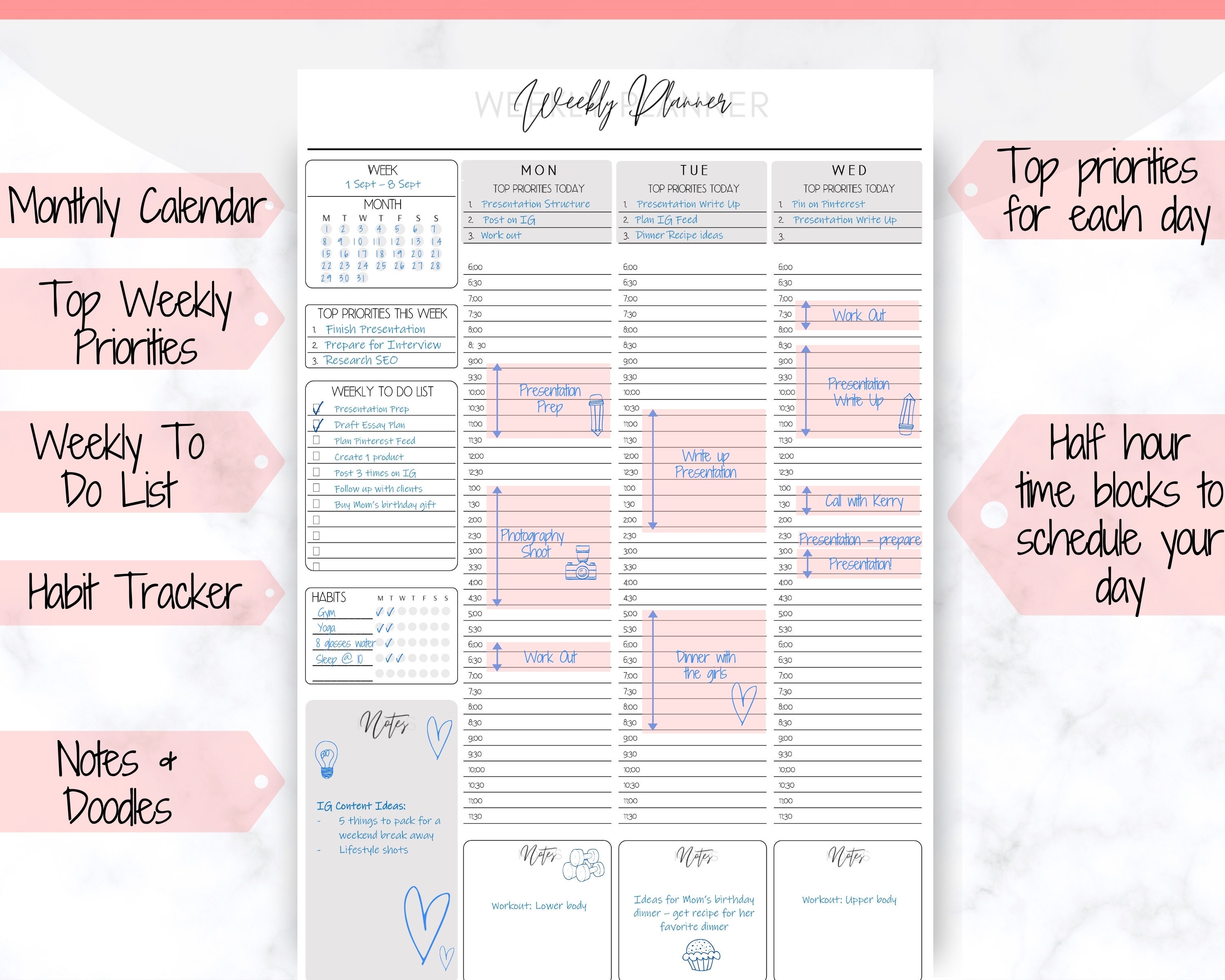 Weekly Planner Printable Hourly Planner Week on 2 Pages - Etsy