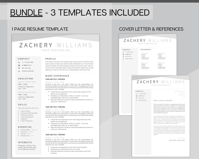 ONE Page Resume Template Word. CV Template Professional Cv | Etsy