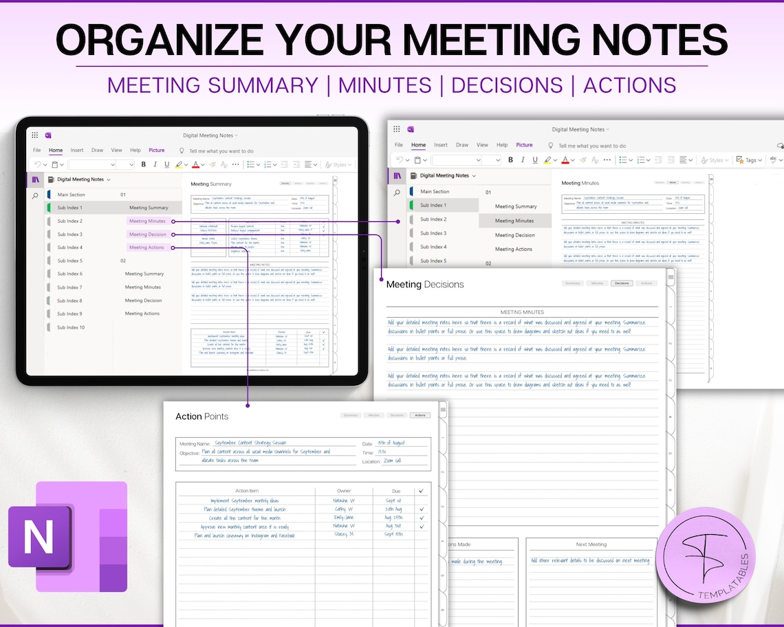 Onenote Meeting Notes Template, Editable Meeting Minutes, Digital ...