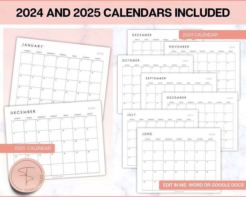EDITABLE Monthly Calendar Template | 2024 & 2025 Included! Editable ...