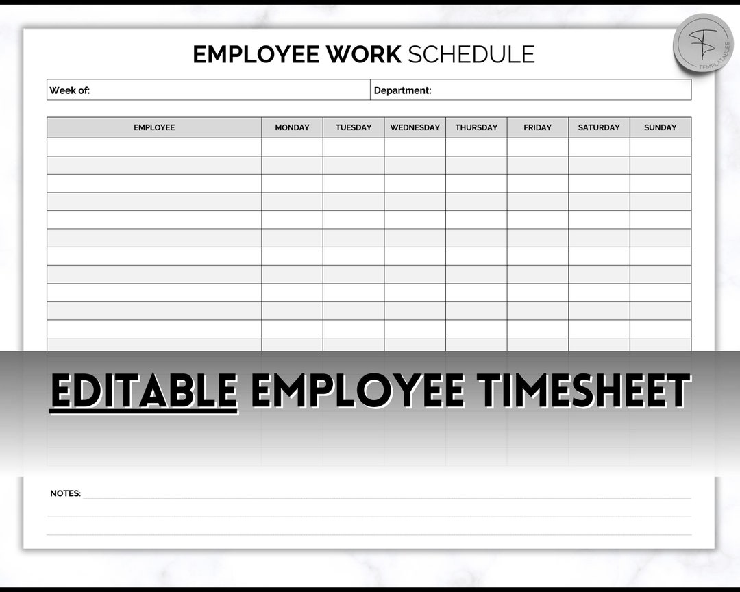 Employee Time Sheet, EDITABLE Employee Work Schedule Template, Weekly ...