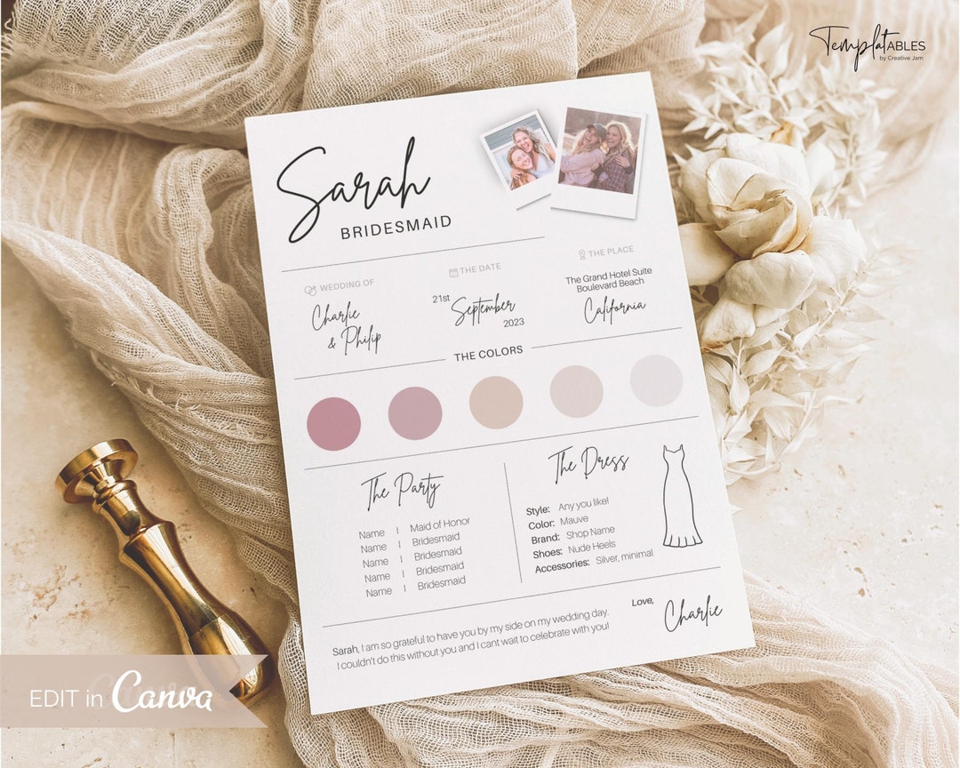 EDITABLE Bridesmaid Info Card, PHOTO Bridesmaid Information Card ...