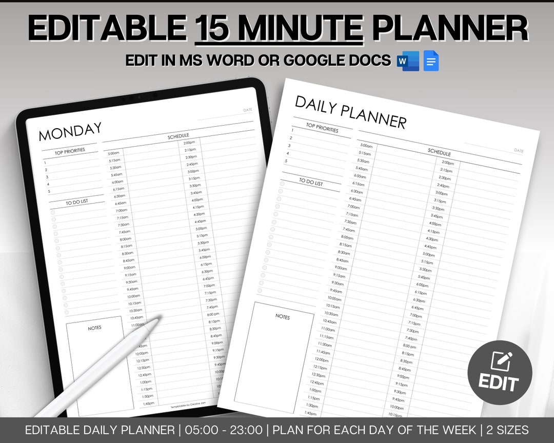 EDITABLE 15 Minute Planner, 15 Minutes Daily Planner, 15 Minute Tracker ...
